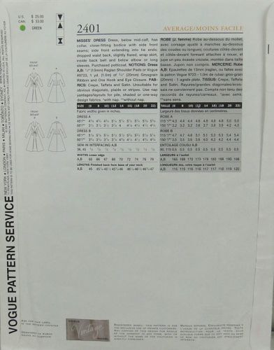 Vogue V2401 "Vintage Model" Original 1952 Design sewing pattern